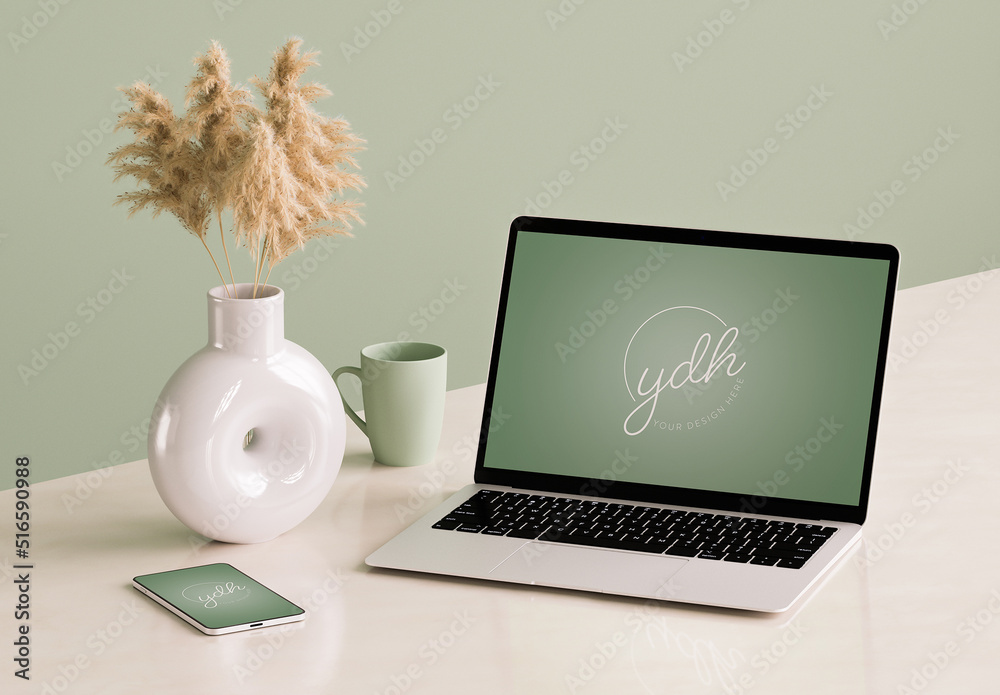 Mobile and Laptop on Minimal Desktop Mockup Stock Template | Adobe Stock