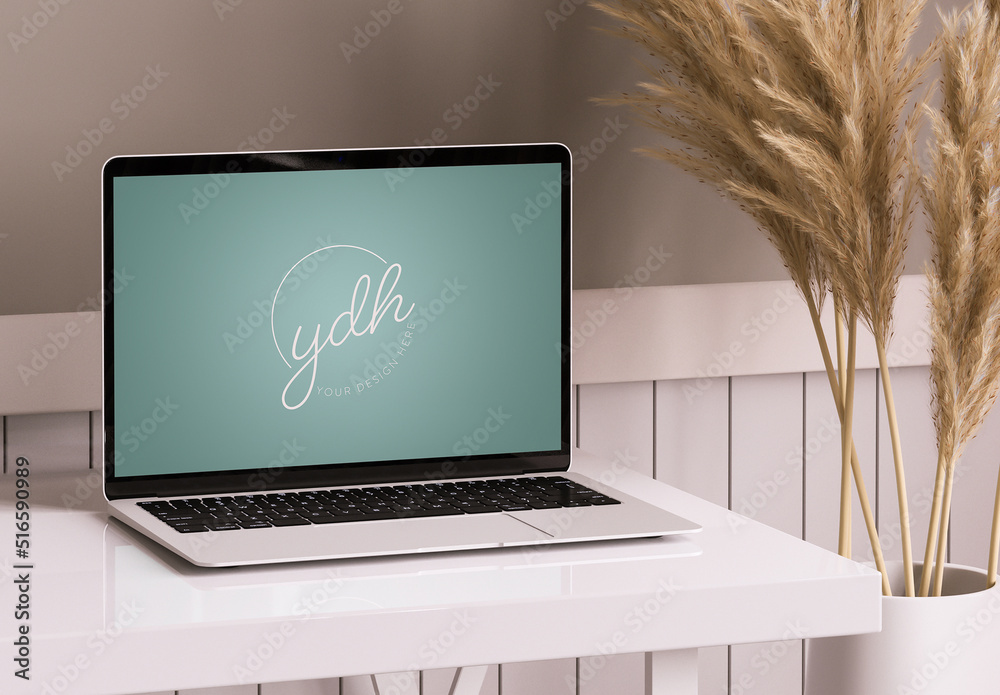 Laptop on Minimal Desktop Mockup Stock Template | Adobe Stock