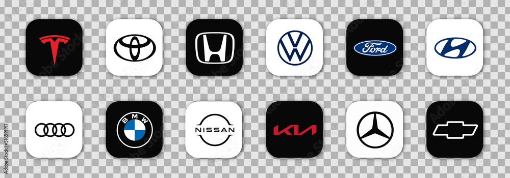 Popular car brands. Set of logos. Tesla, Toyota, Nissan, Volkswagen ...