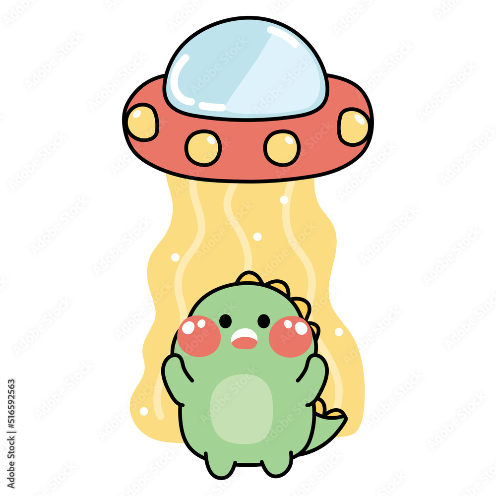 Alien spaceship with cute dinosaur on white background.UFO concept ...