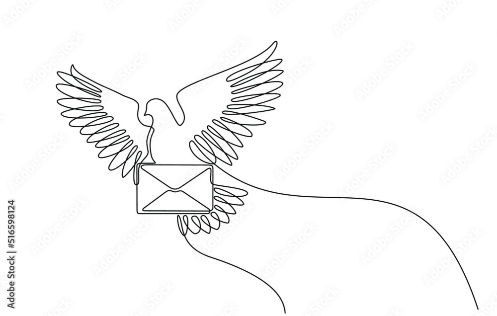 Continuous line drawing of a flying carrier pigeon carrying mail ...
