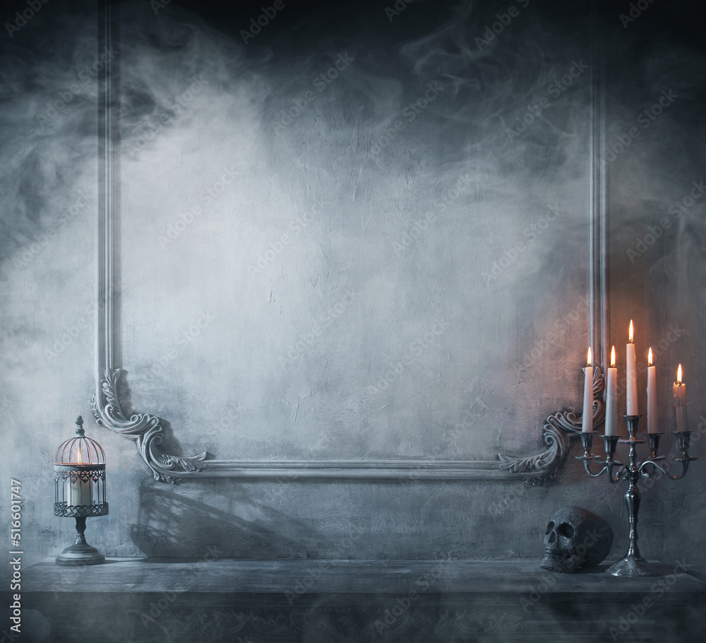 Mystical Halloween still-life background. Skull, candlestick with ...