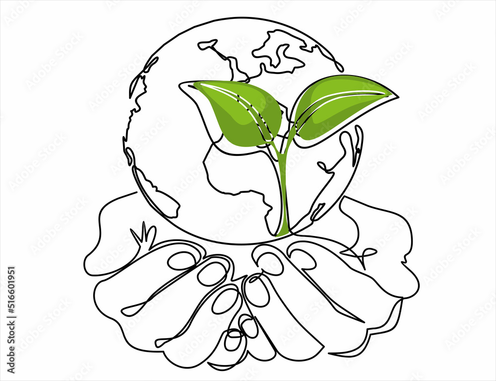 Single continuous line of hands holding planet earth and tree leaf ...