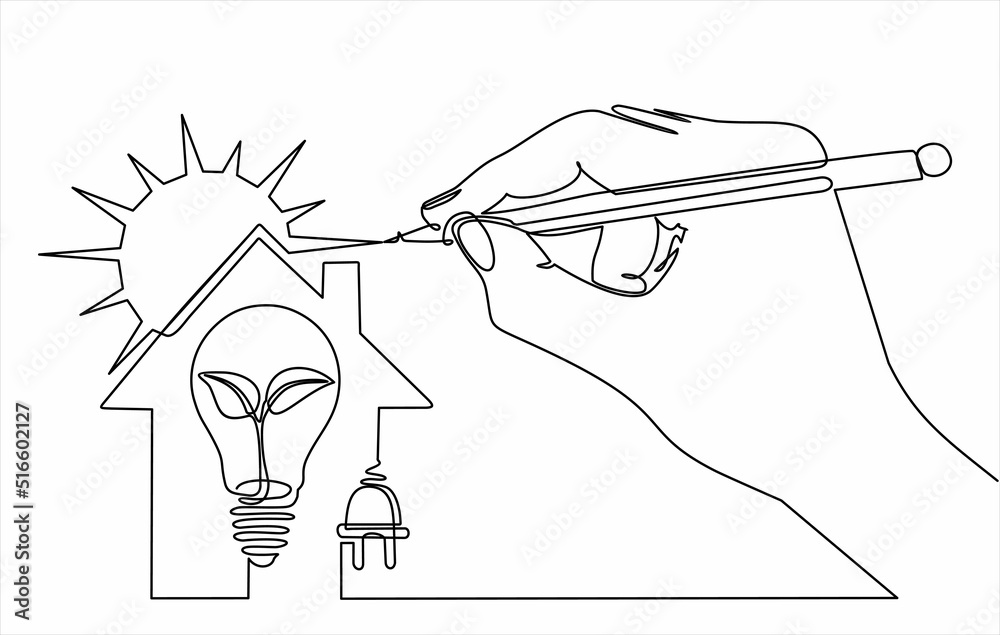 Single continuous line of hand drawing House with sun, plug and ...