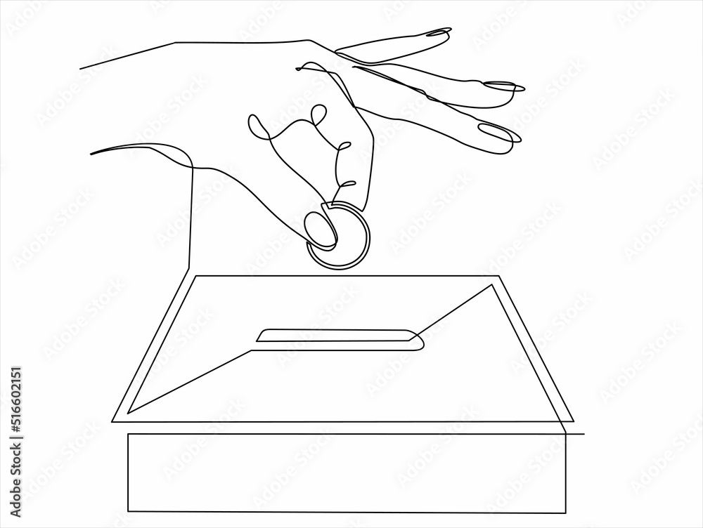 Poster Continuous line drawing of hand giving money coin to give ...
