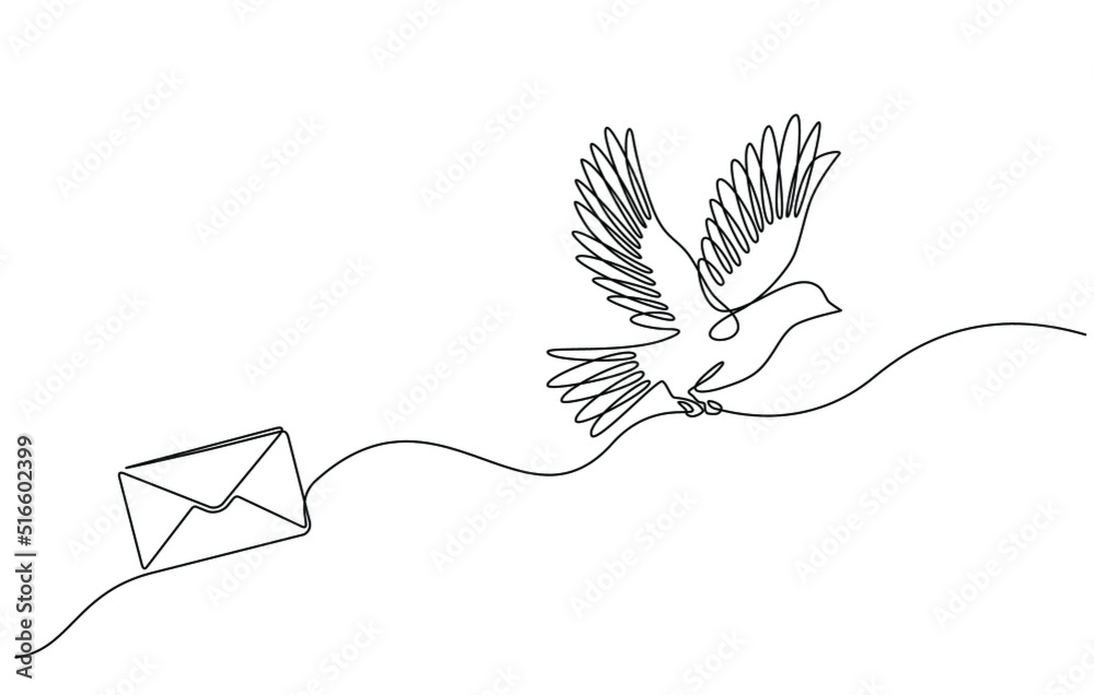 Continuous line drawing of a flying carrier pigeon carrying mail ...