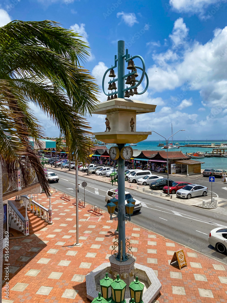 Oranjestad, Aruba: Clocktower at the Royal Plaza. Carillon of 14 bells ...