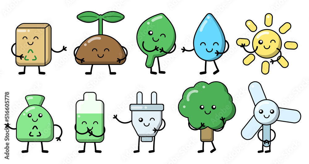 Set of environmental cartoon characters in kawaii style. Vector cute ...