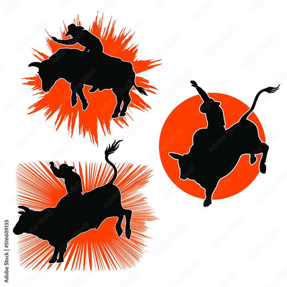 Rodeo bull vector label. Cowboy riding a wild bull in symbol flat style ...