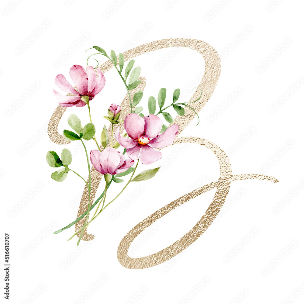 Floral alphabet, letter B with watercolor flowers and leaf. Monogram ...