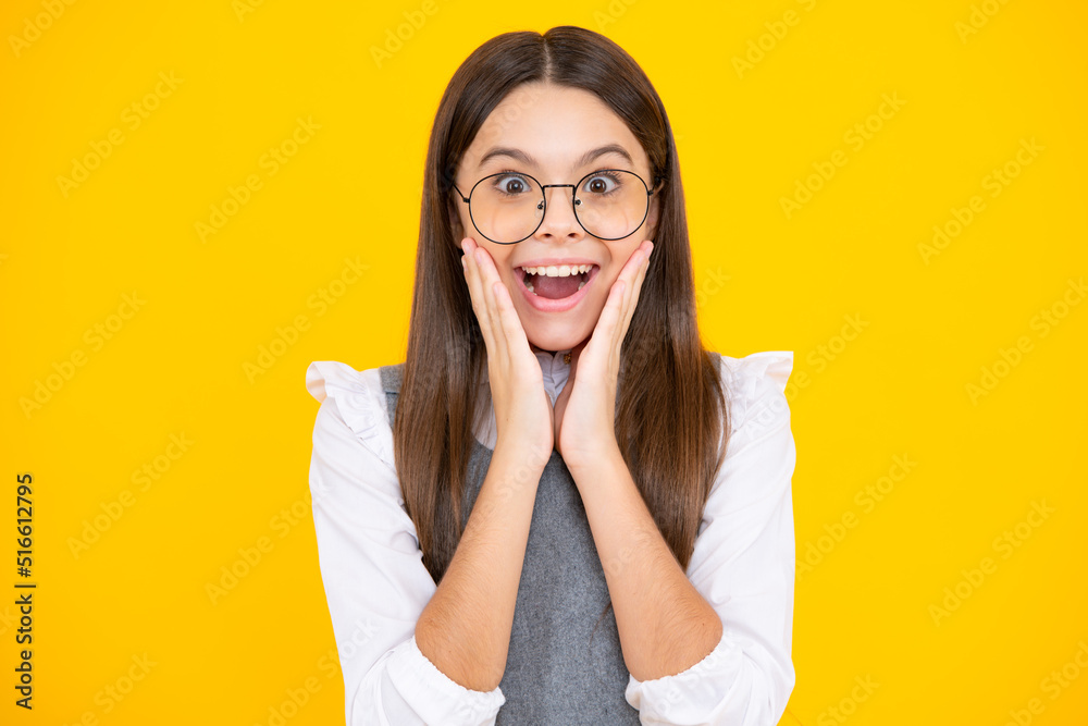 Teenager child girl with shocked facial expression. Surprised face expression, isolated on ...
