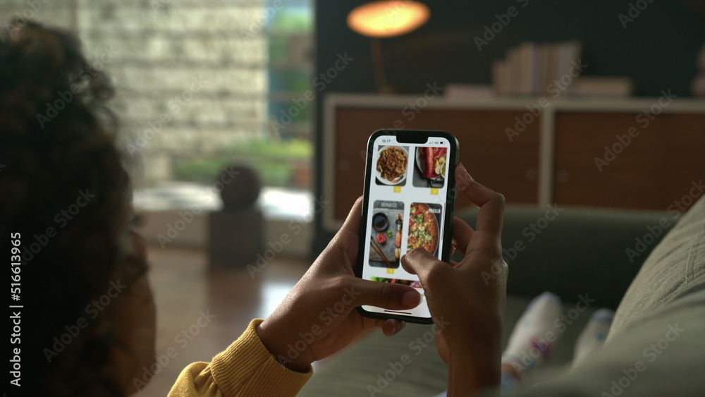 Person Using Online Delivery menu phone. Woman Orders at Food Home In ...