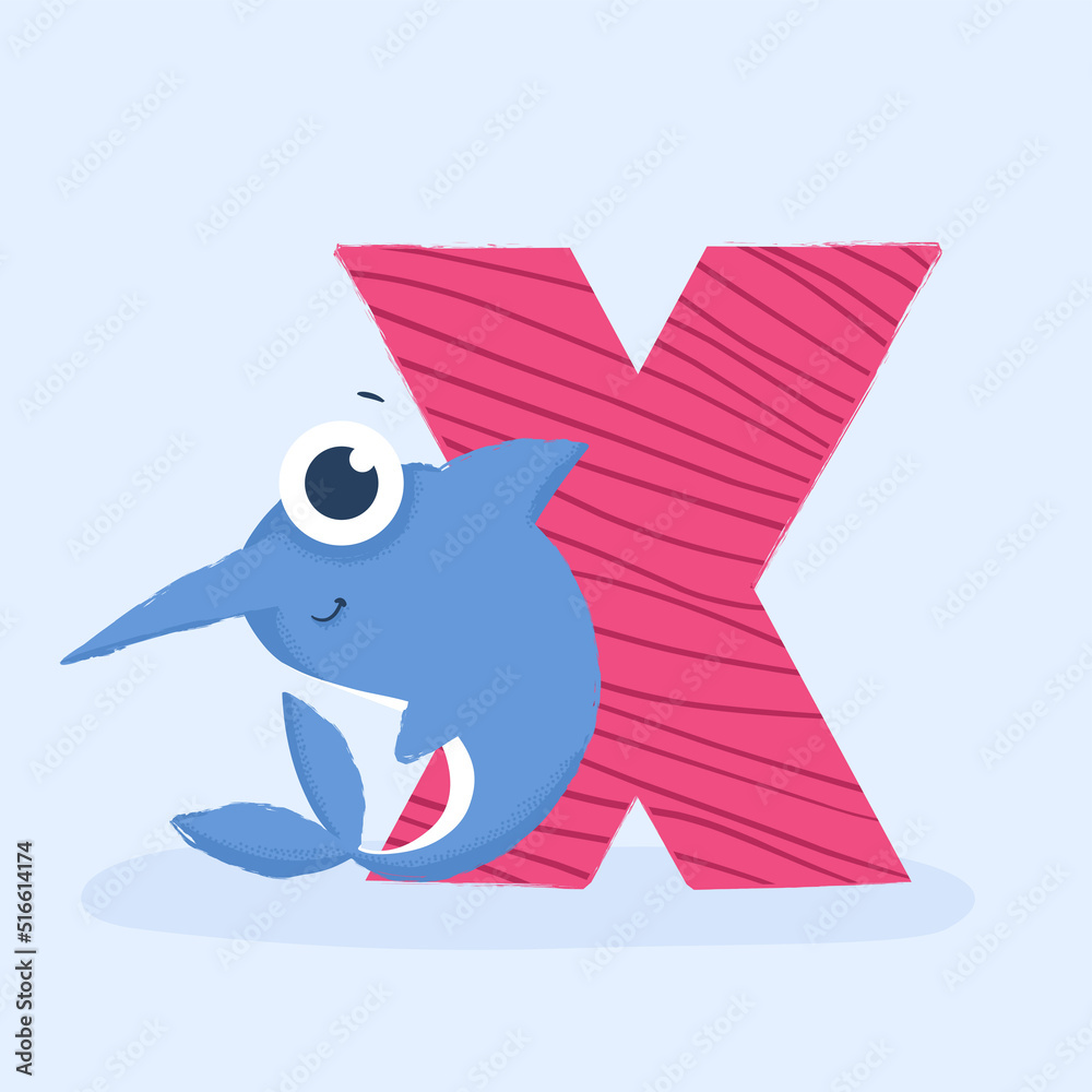 Cartoon letter of the alphabet with animal character fish xerus Stock ...