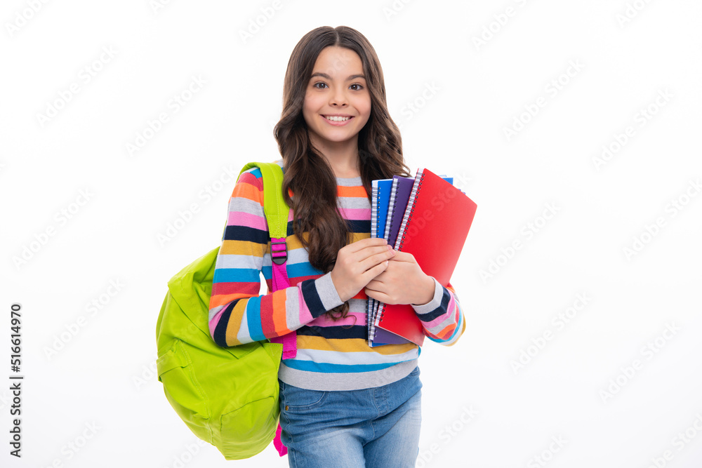 School teenager child girl 12, 13, 14 years old with school bag book and copybook. Teenager ...