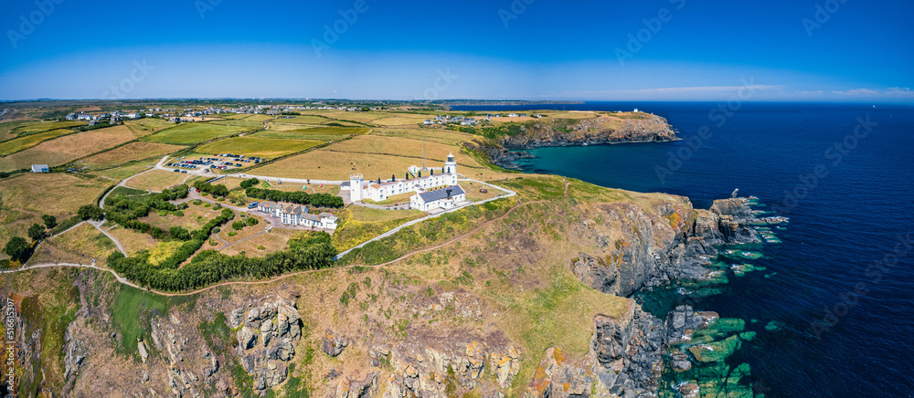 Panorama over Lizard Lighthouse and Housel Bay Cliffs from a drone ...