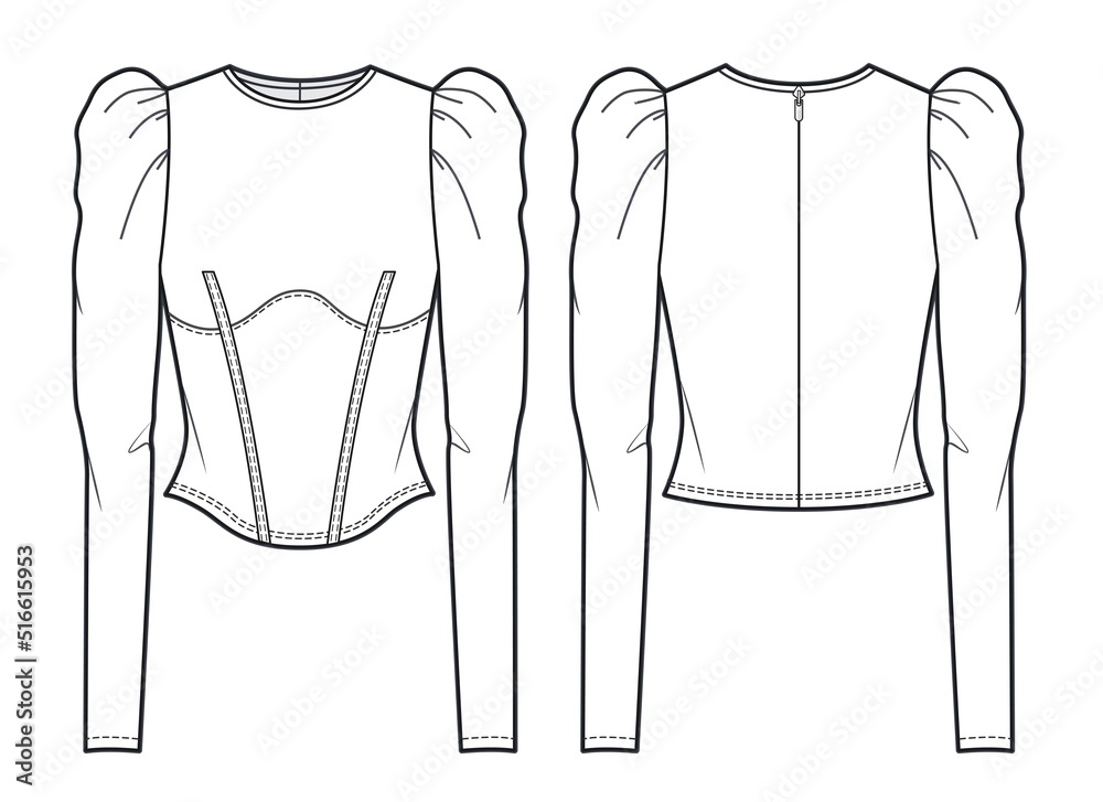 Women round neck Blouse fashion flat technical drawing template. Corset ...