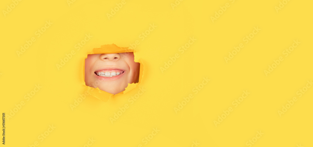 Breaking paper background. Emotions concept. Kid with toothy smile ...