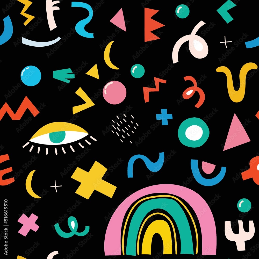 Seamless pattern with crazy comic faces and colorful geometric shapes ...