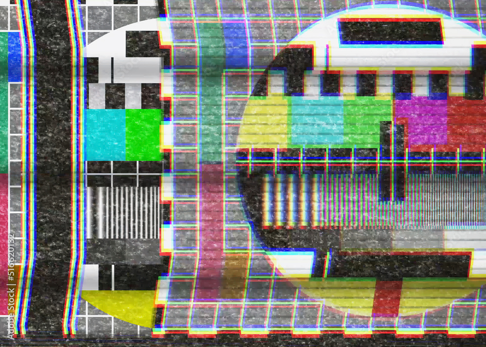 An old analog CRT television capture, shifted test card with a color ...