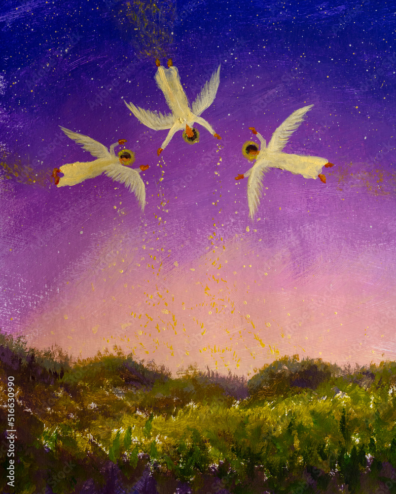 Three angels fly over the fairy magic land fairytale landscape painting ...