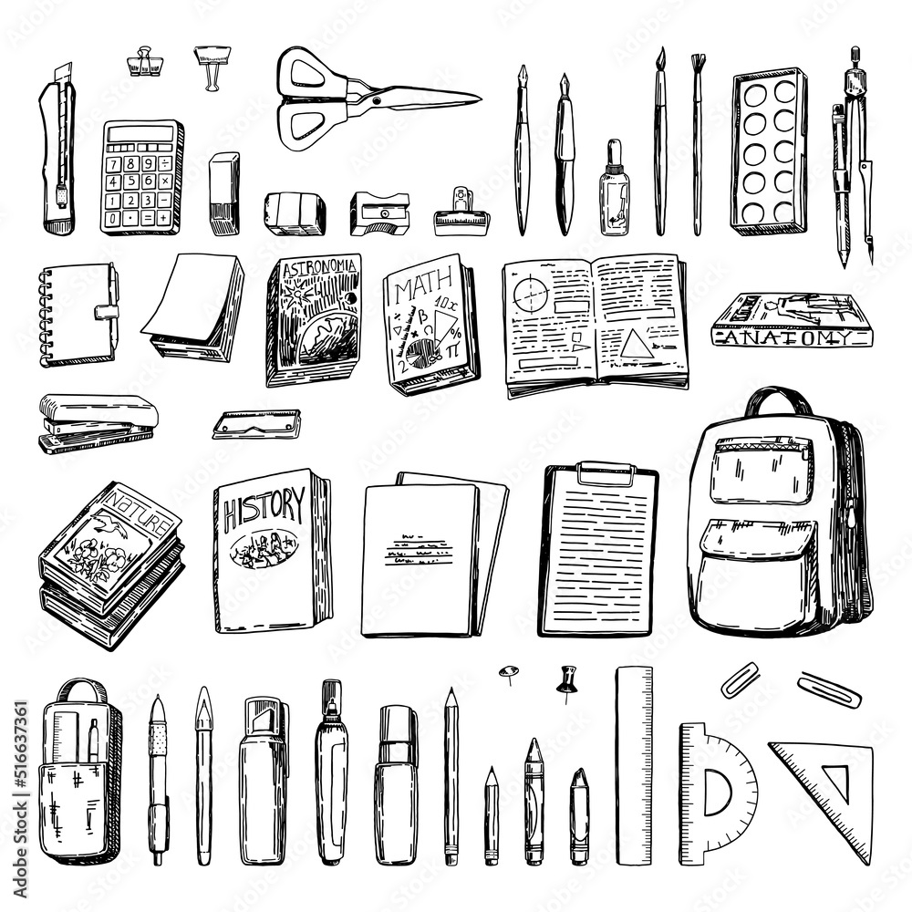 School supplies sketches collection. Set of backpack, notebooks ...