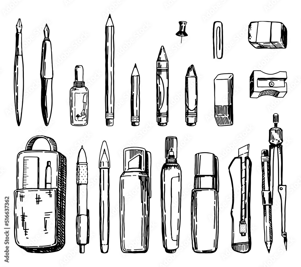 School stationery supplies sketches collection. Set of writing utensils ...