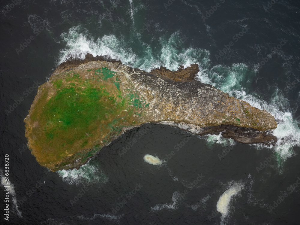 Top view of a small fish-shaped stone island in the ocean covered with ...