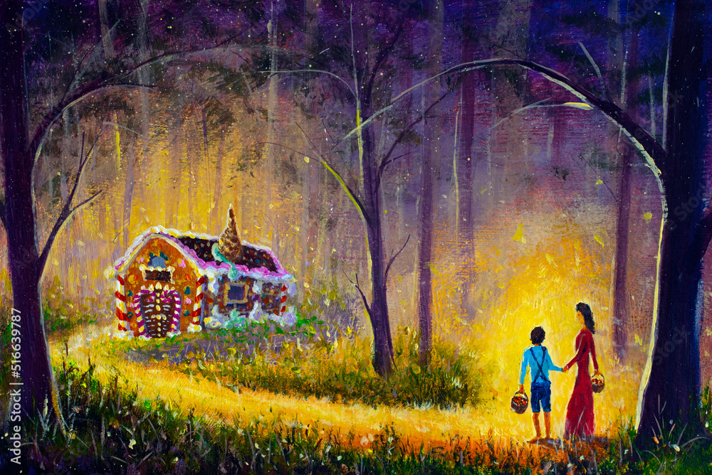 Artist oil painting hansel and gretel gingerbread house fairy tale ...