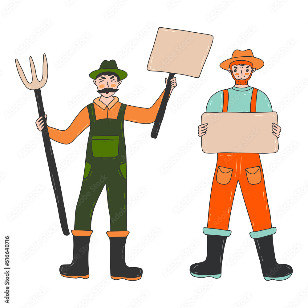 Male farmers protest with placards and pitchfork. Fight against ban on ...