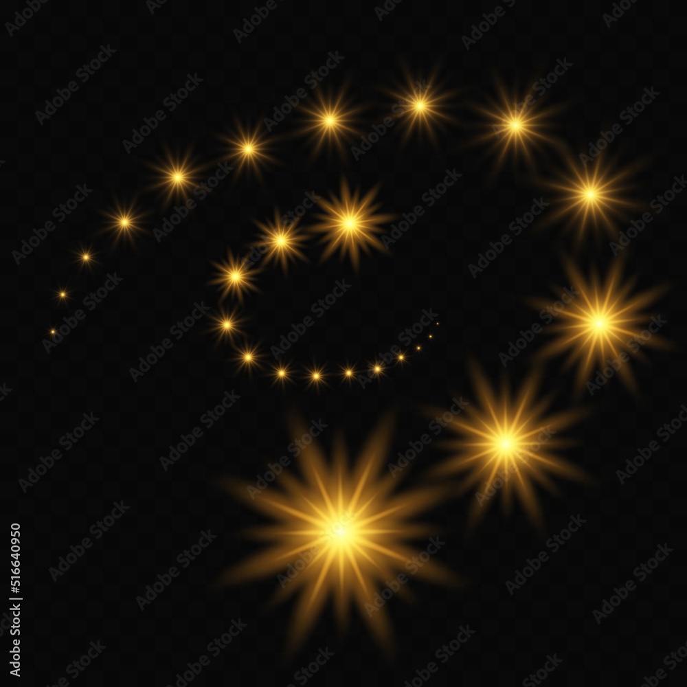 A parade of stars, bright glowing stars, lights and reflective effects ...