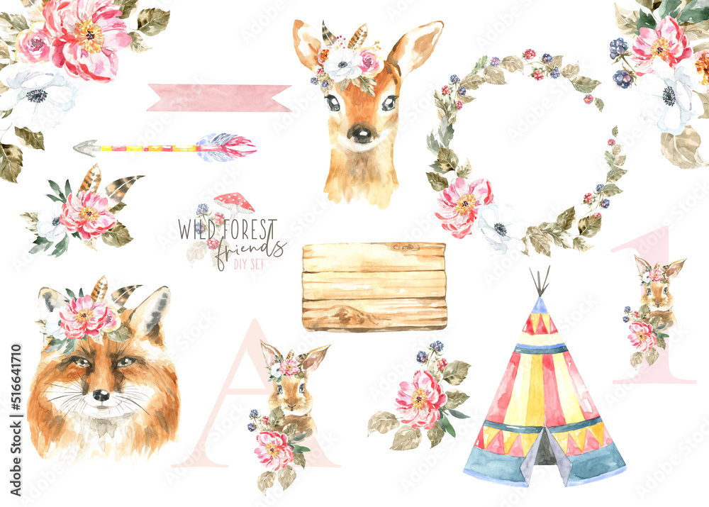 Watercolor woodland animal, fall forest florals illustration set.Deer ...