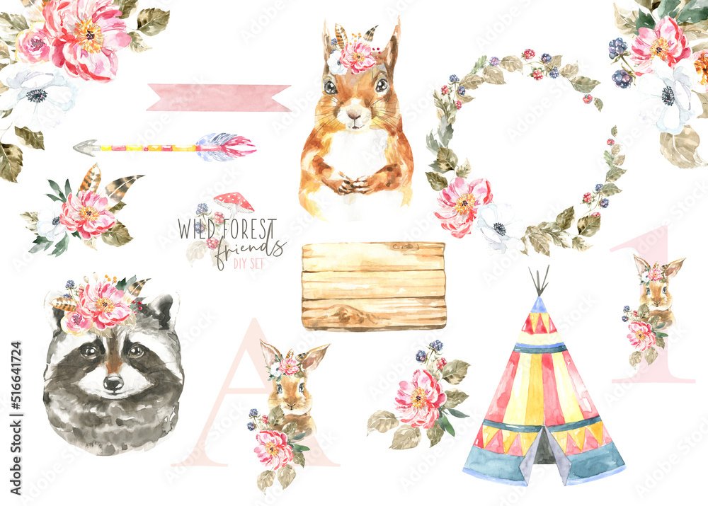 Watercolor woodland animal, fall forest florals illustration set ...