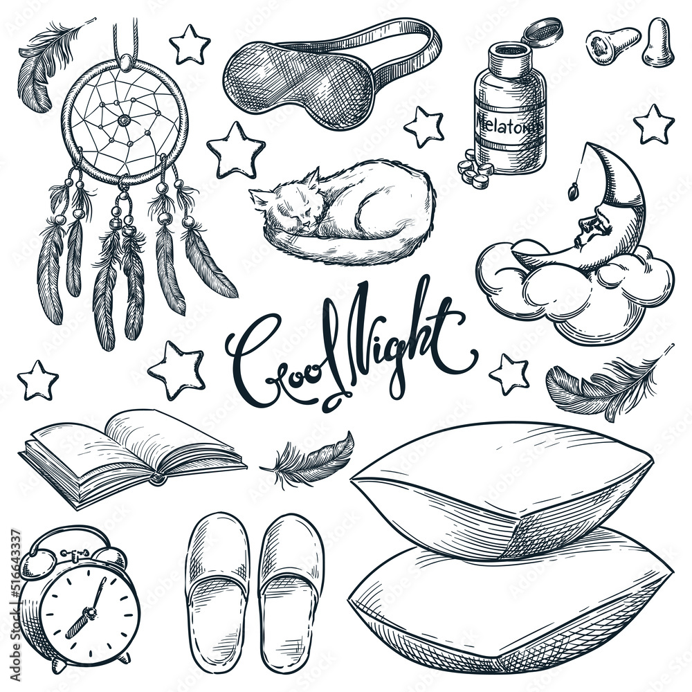 Bedtime bedroom design elements. Vector hand drawn sketch illustration ...
