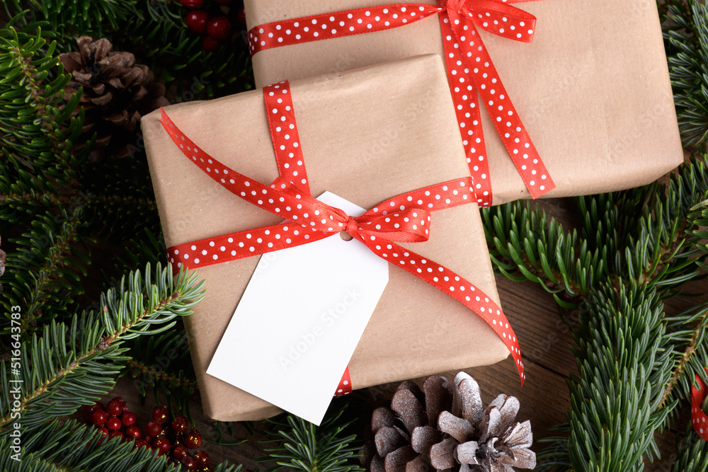 Christmas rectangle gift tag mockup with present box, product label ...