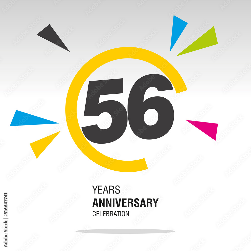 56 Years Anniversary, number in broken circle with colorful bang of ...