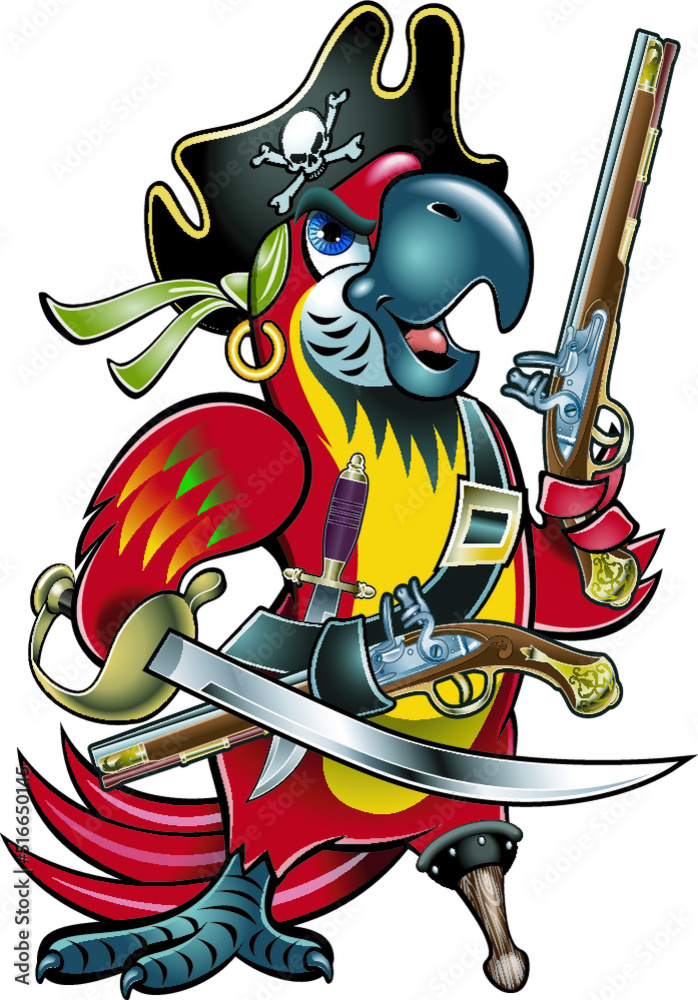 Cartoon pirate parrot holding cutlass sword and flintlock pistol ...