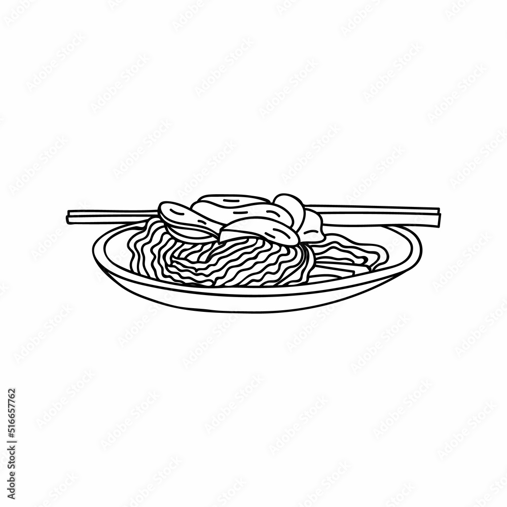 Hand drawn noodles with meet illustration in vector. Chinese food ...