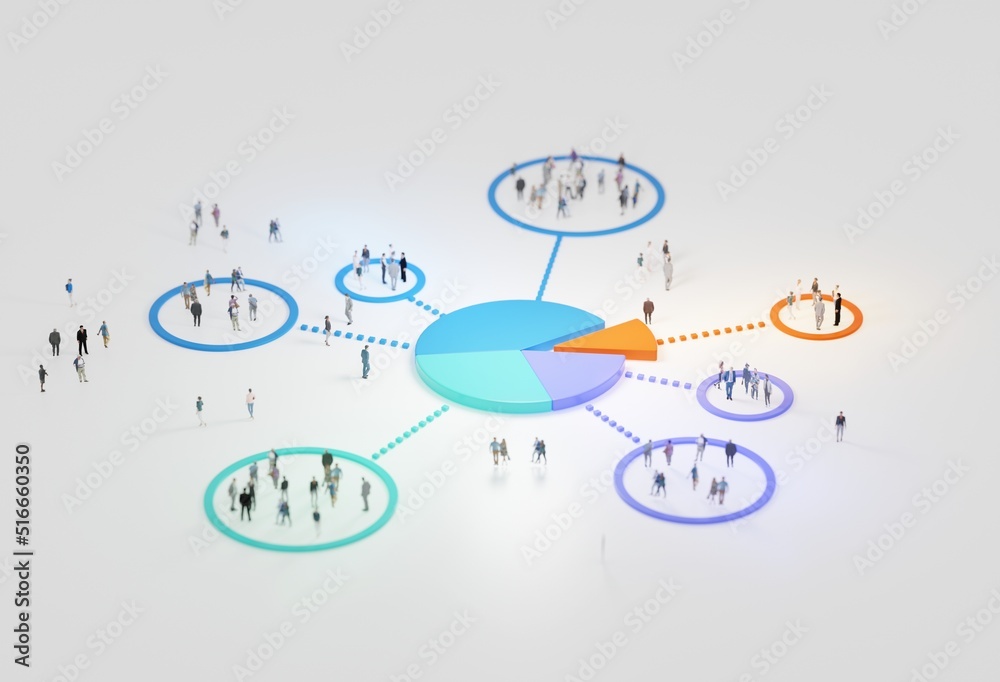 Big data analytics, abstract concept. Pie chart and groups of people on ...