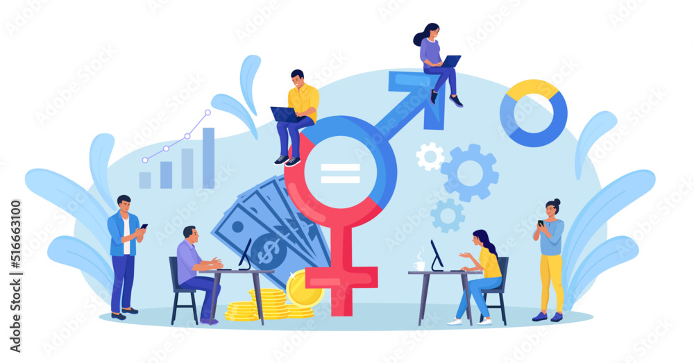 Man and woman working with big gender sign. Gender equality. Workforce ...