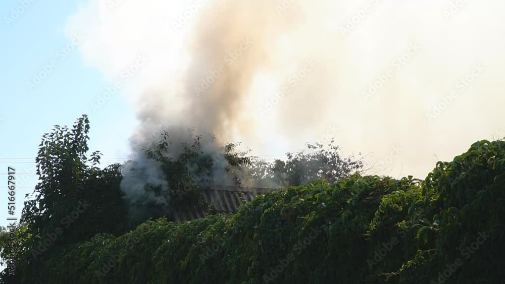 Big fire with large clouds of choking smoke during the summer dry grass ...