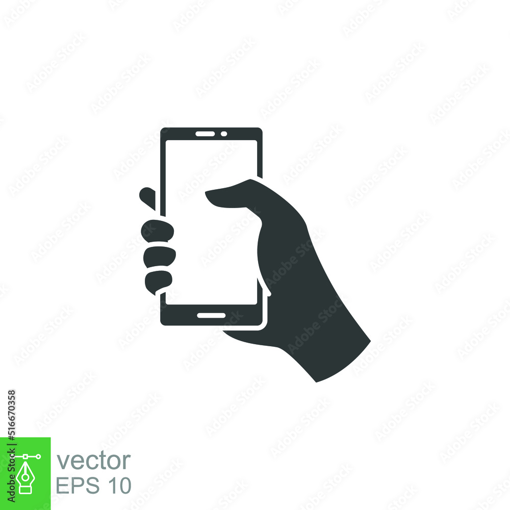 Hand holding phone icon. Simple solid style. Smartphone, cellphone ...