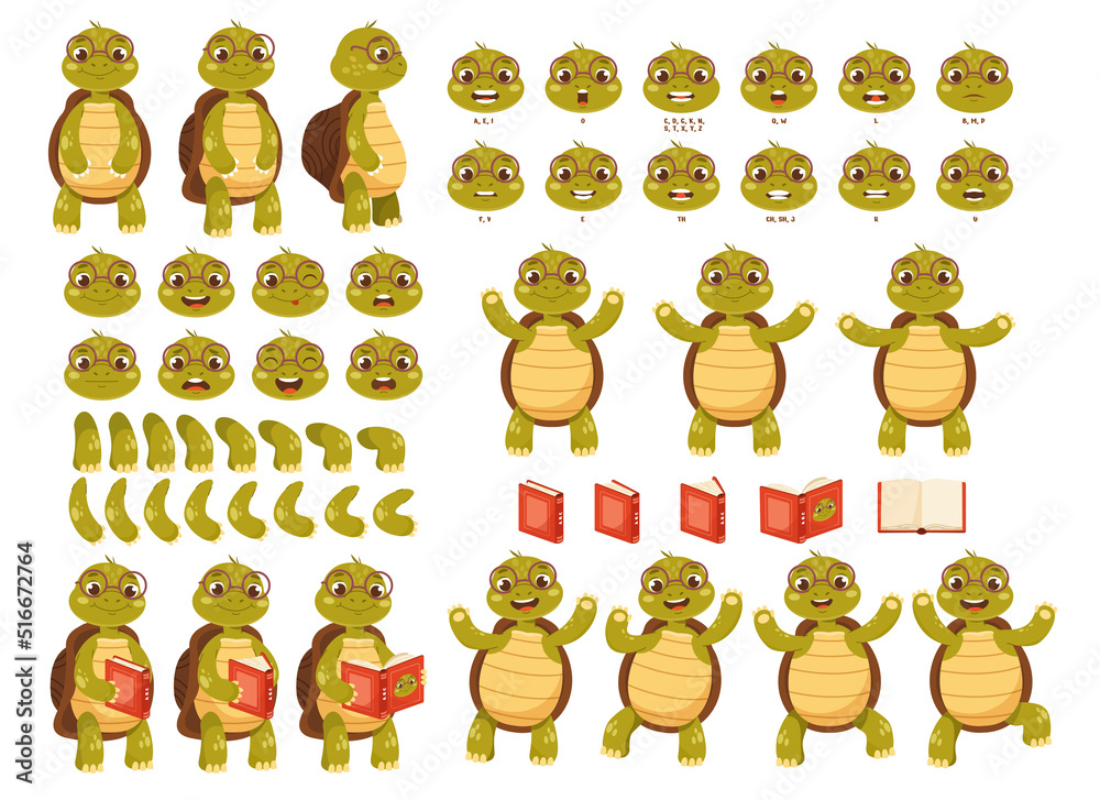 Set of elements for animating cute turtle. Wild animal with different ...
