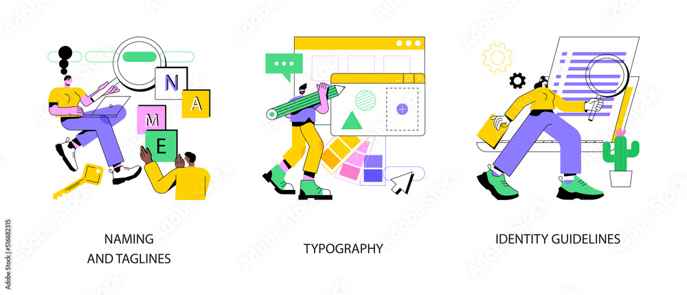 Brand identity abstract concept vector illustration set. Naming and ...