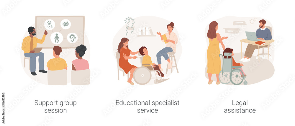 Children with disability parents training isolated cartoon vector ...