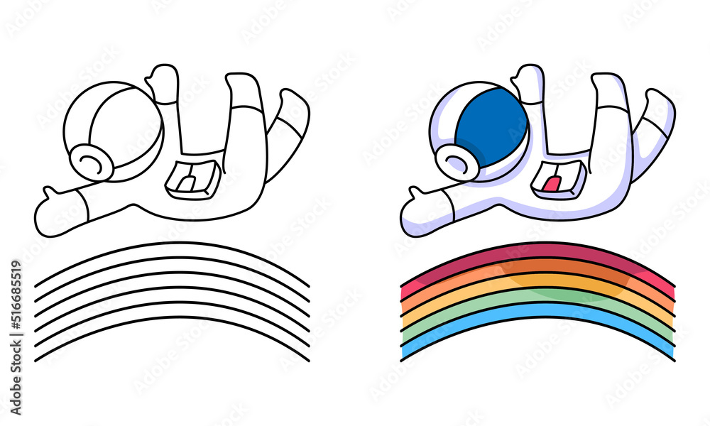 cute astronaut jumping on rainbow coloring page for kids Stock Vector ...