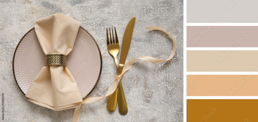 Simple beautiful table setting on light background. Different color ...