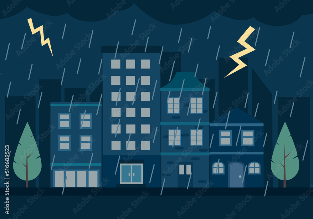 Bad weather night city landscape in flat design. Rainy season. เวกเตอร์ ...
