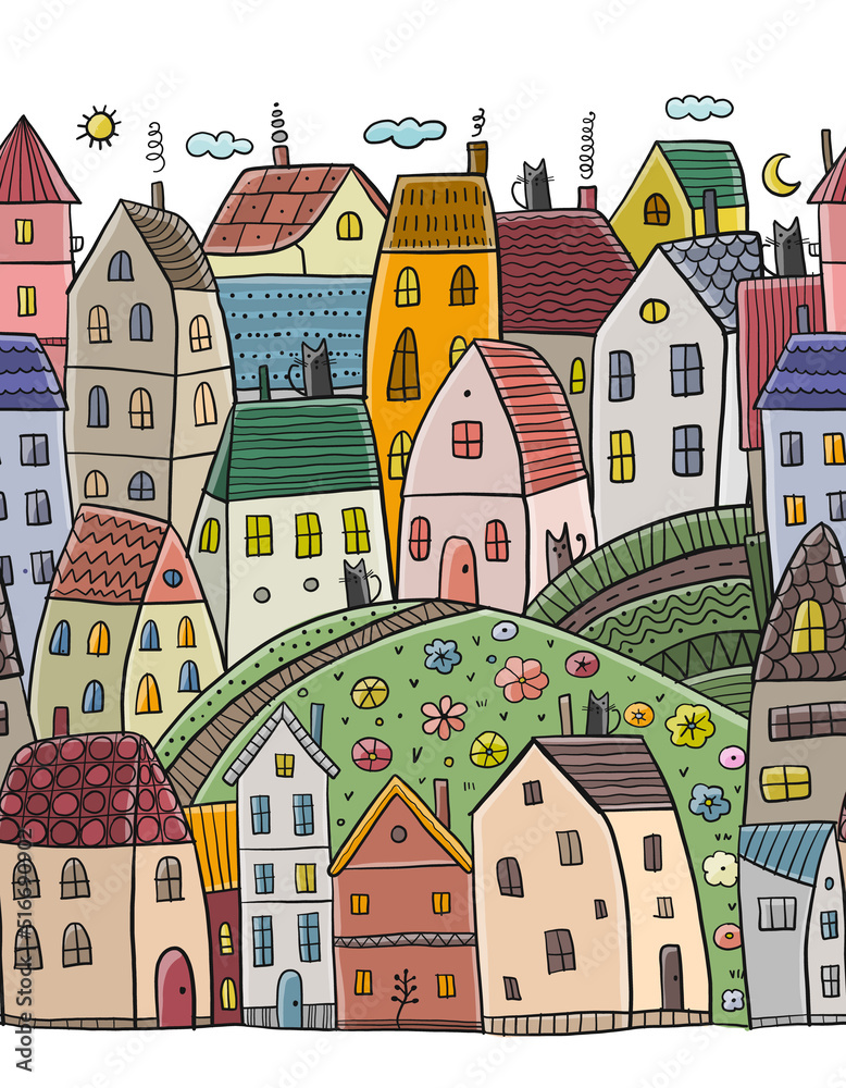 Fototapeta dla nastolatków Childish town street landscape with houses on road. Cute city in ...