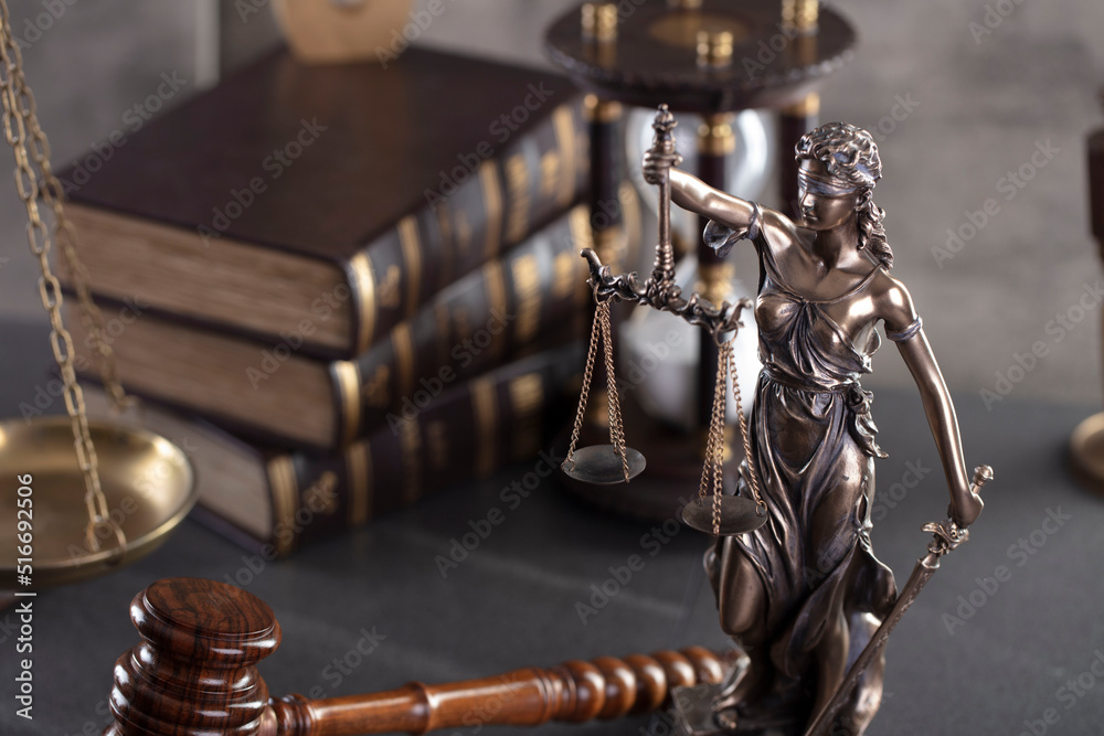 Law and justice concept. Justice symbol - Themis sculpture on gray ...