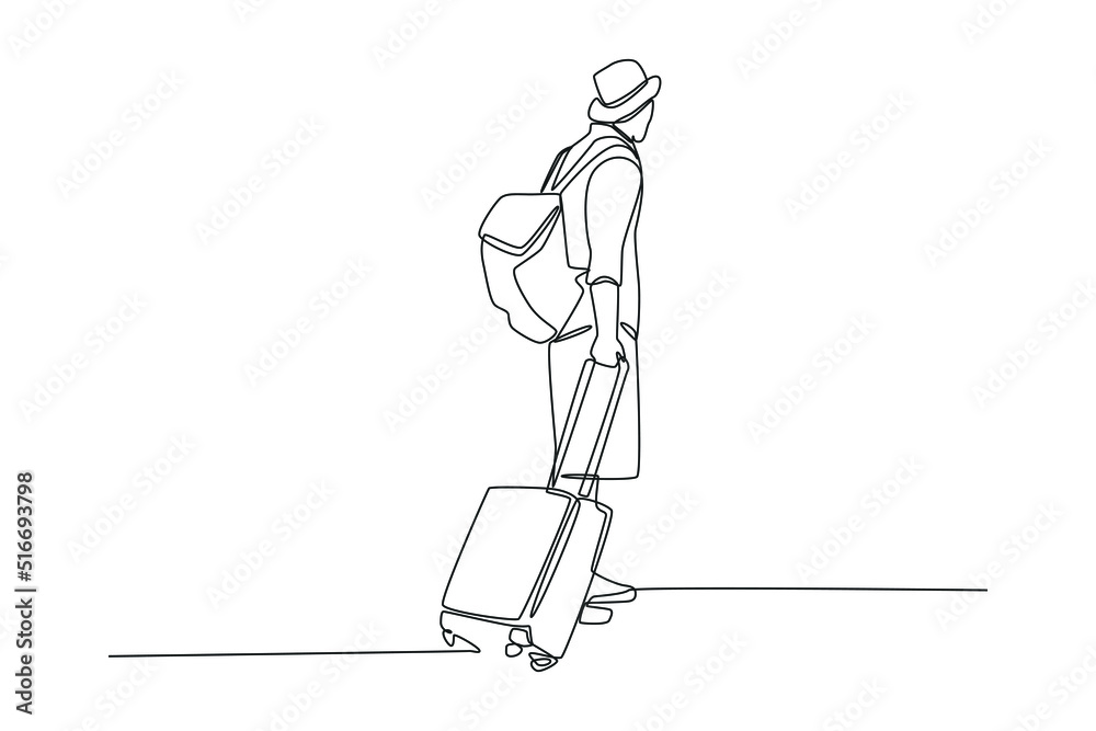 Continuous one line drawing back view of girl traveler walking with ...